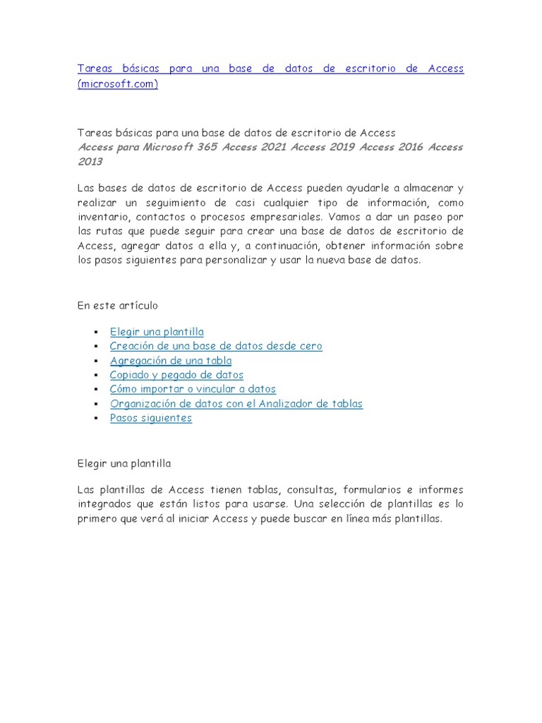 Tareas Básicas para Una Base de Datos de Escritorio de Access | PDF | Bases de datos | Archivo ...