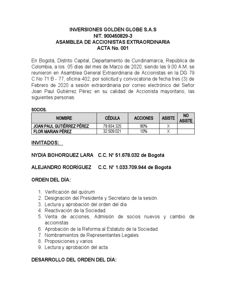 Acta de Socios Golden Globe Company S.A.S. | Descargar gratis PDF ...