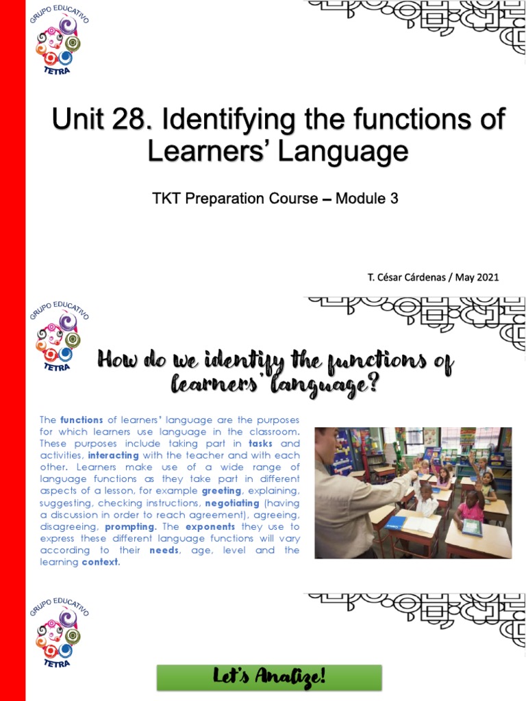 Unit 28. IDENTIFYING THE FUNCTIONS OF LEARNERS' LANGUAGE | PDF ...