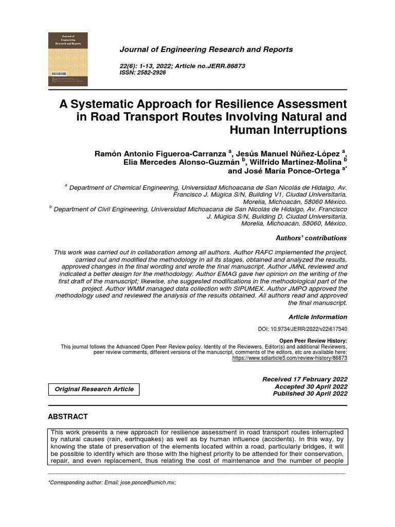 A Systematic Approach For Resilience Assessment in Road Transport | PDF ...