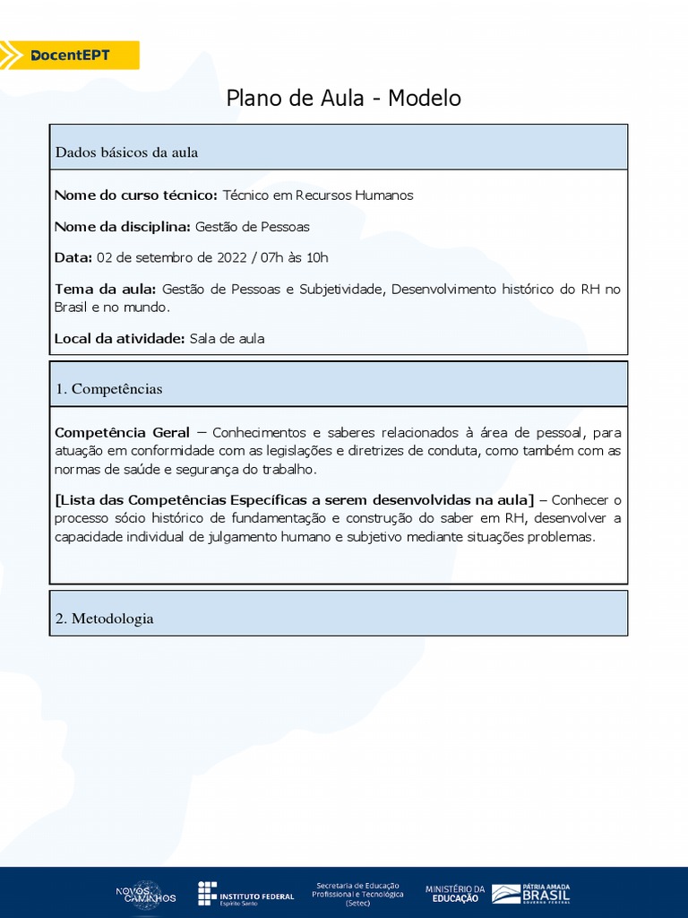 Modelo de Plano de Aula em Word | PDF | Gestão de recursos humanos