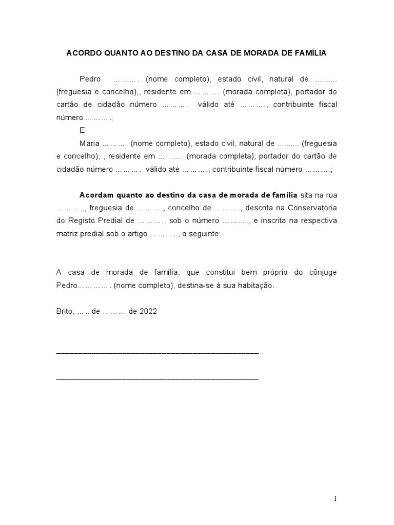 Minuta Acordo Da Casa de Morada de Família - Bem Próprio | PDF