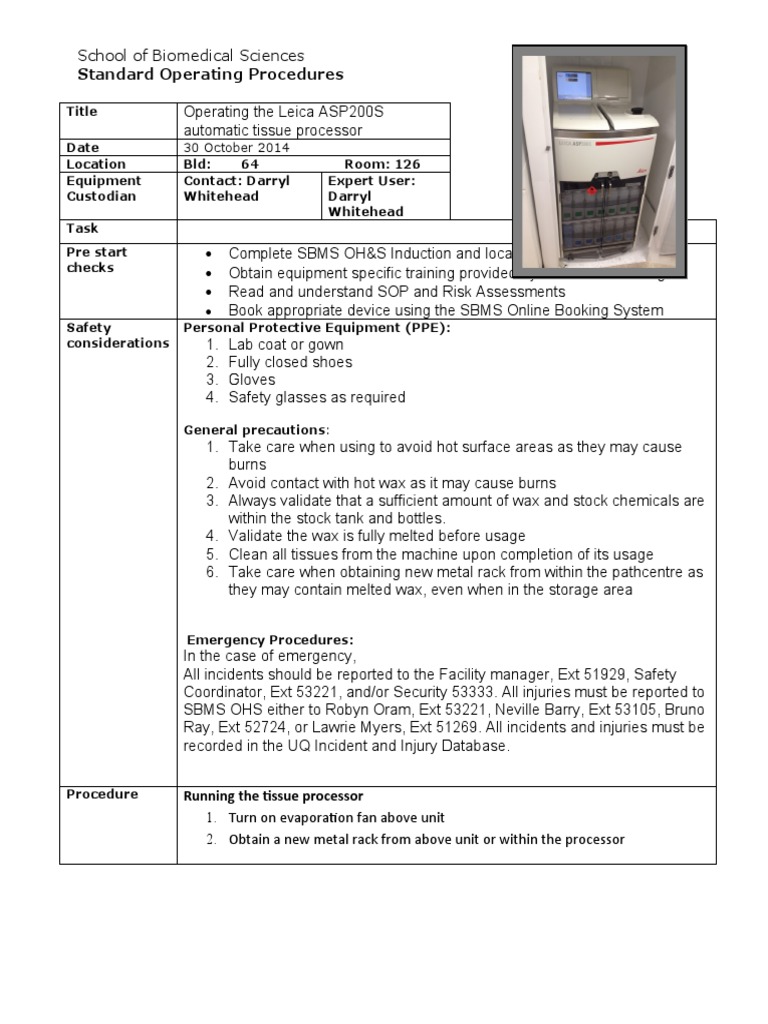 SOP Operating The Leica ASP200S Automatic Tissue Processor | PDF