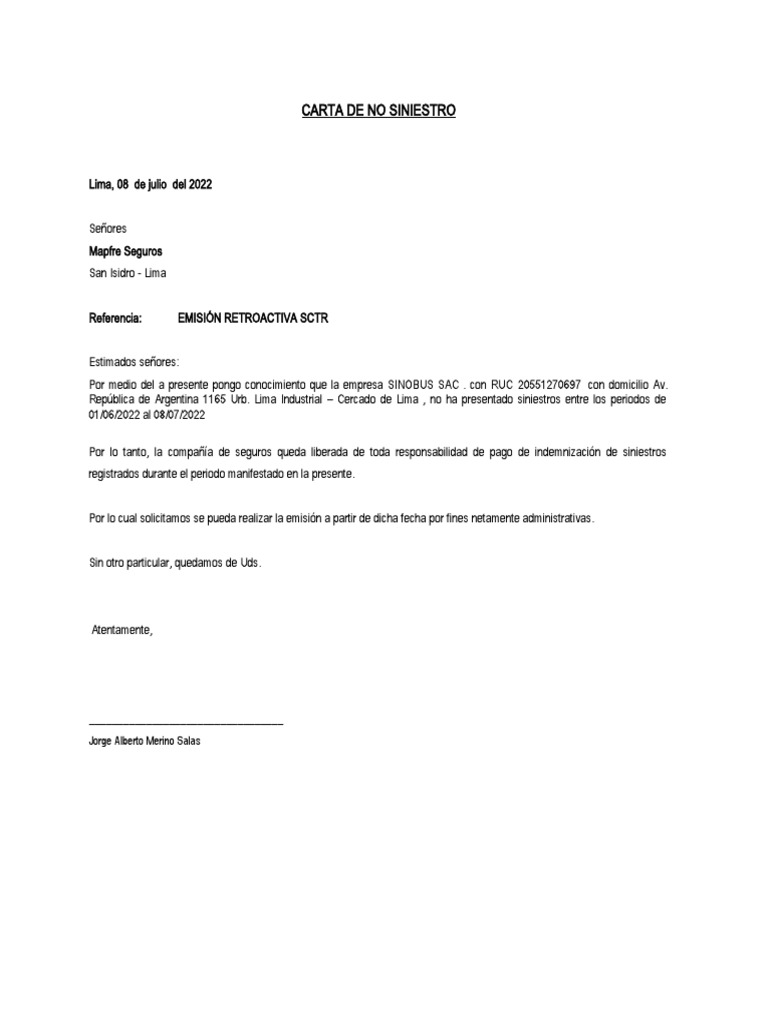 Formato Carta De Aviso Siniestro