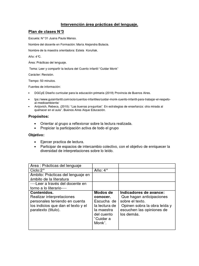 Plan de Clase: Cuento "Cuidar Monk" | PDF | Cuentos