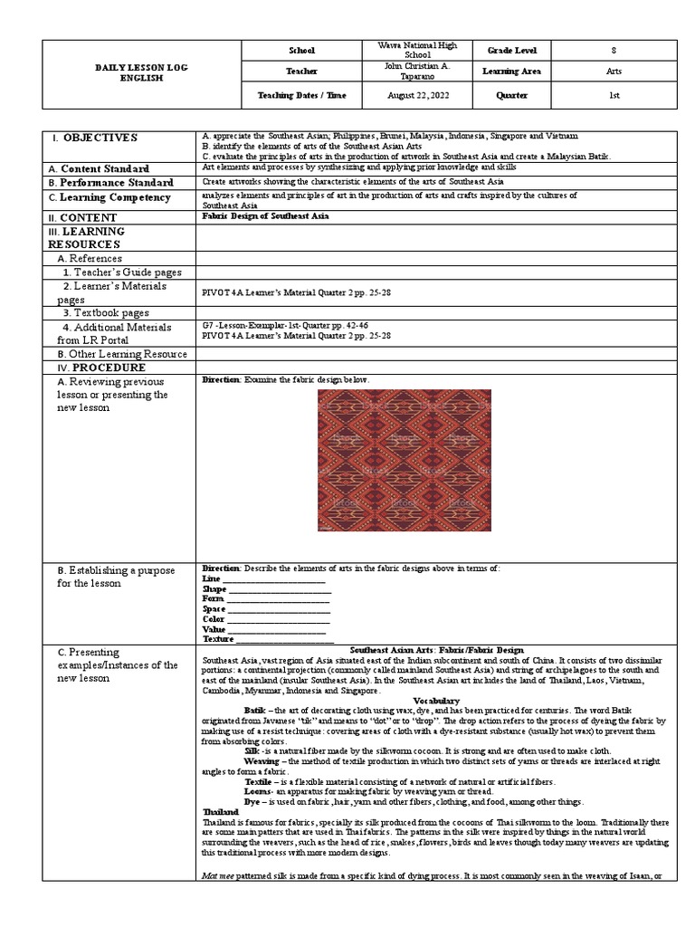 ARTS 8 MODULE 1 Fabric Design of Southeast Asia | PDF | Weaving | Textiles
