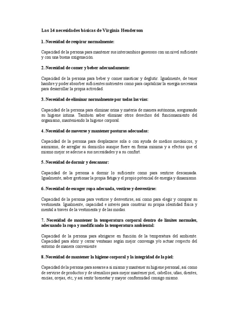 Las 14 Necesidades Básicas de Virginia Henderson | PDF | Resiliencia ... Las 14 Necesidades Básicas de Virginia Henderson | PDF | Resiliencia ...