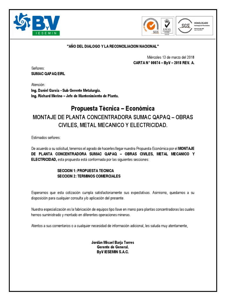 Coti. #00074 - ByV - 2018, Montaje Planta de Concentradora SUMAC QAPAQ Rev. A | PDF | Materiales ...