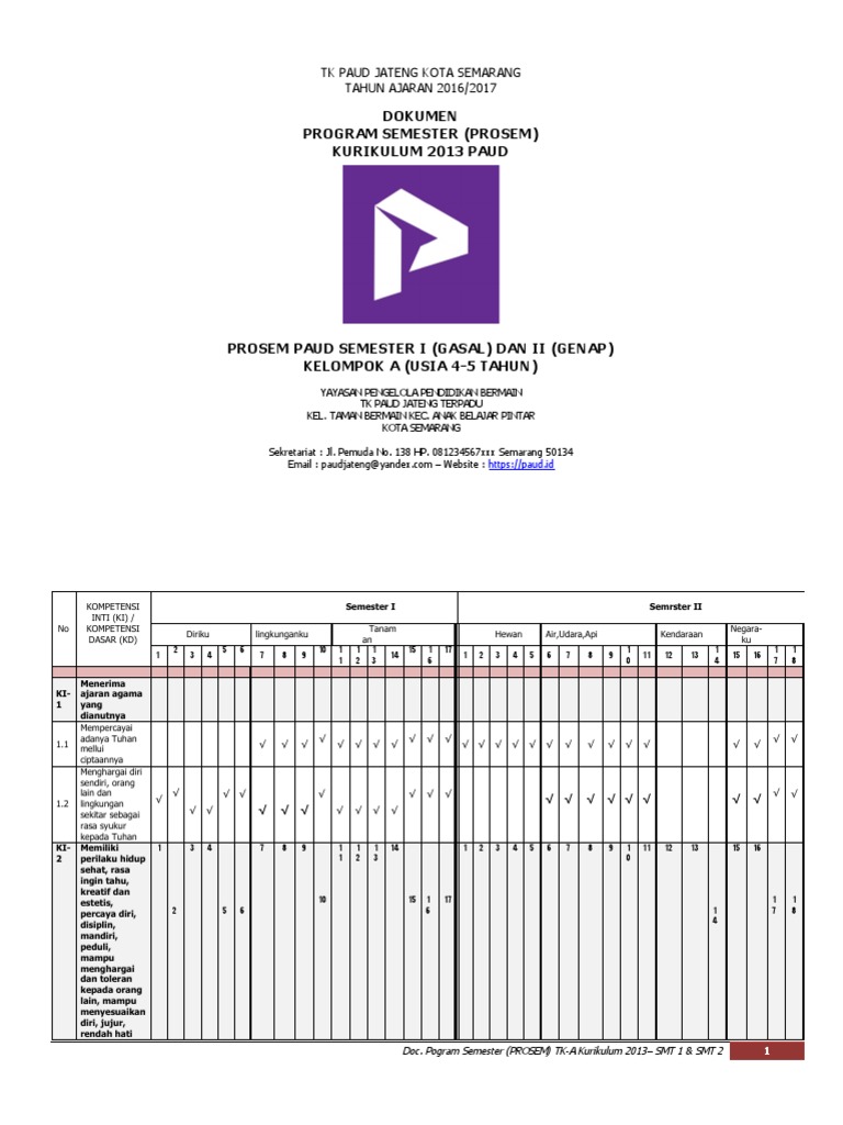 Prosem PAUD Semarang 2016/2017 | PDF