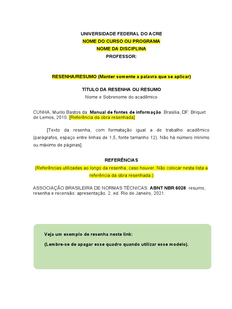 Modelo de Resenha e Recensão - Word - Arial - Atualizado Junho 2021 | PDF