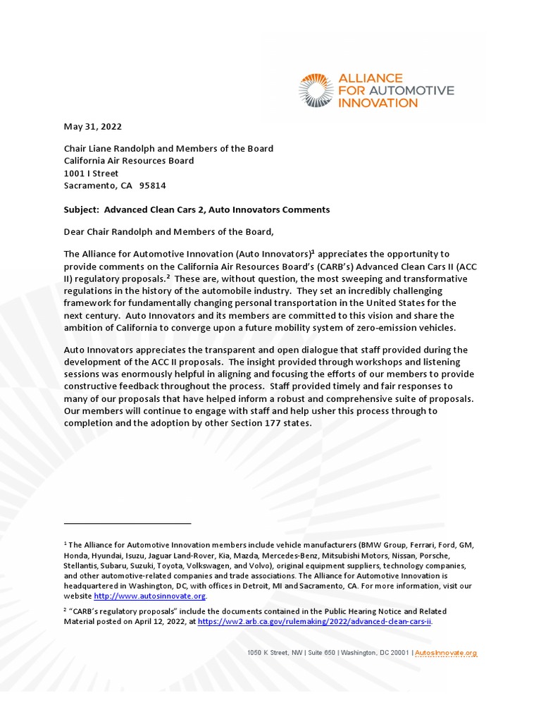 Auto Innovators ACC II Letter | PDF | Electric Vehicle | Plug In Hybrid