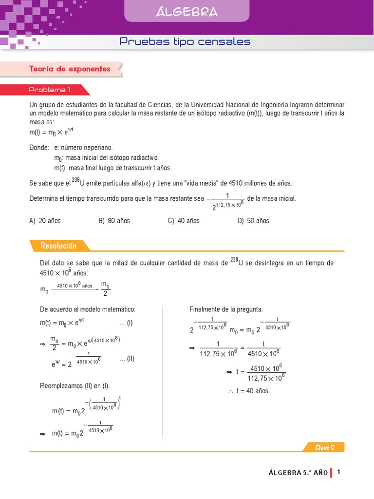 Pruebas Tipo ECE Álgebra 5.° | Descargar gratis PDF | Matemáticas | Álgebra