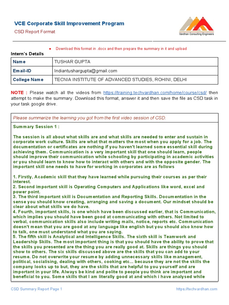 VCE Corporate Skill Improvement Program: CSD Report Format | PDF ...