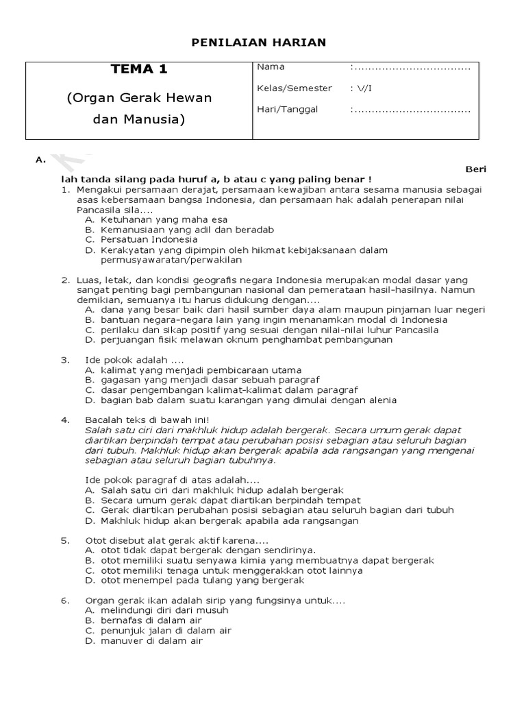 Penilaian Harian Kelas 5 Tema 1 | PDF