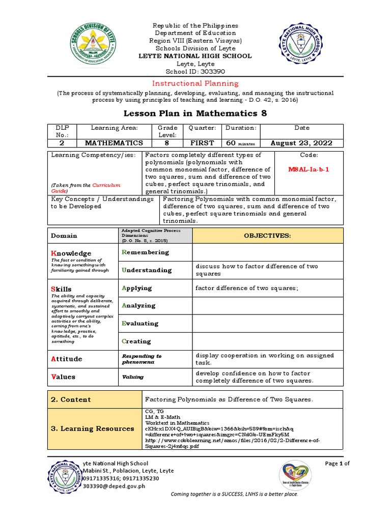 Lesson Plan: Factoring Polynomials | PDF | Factorization | Learning
