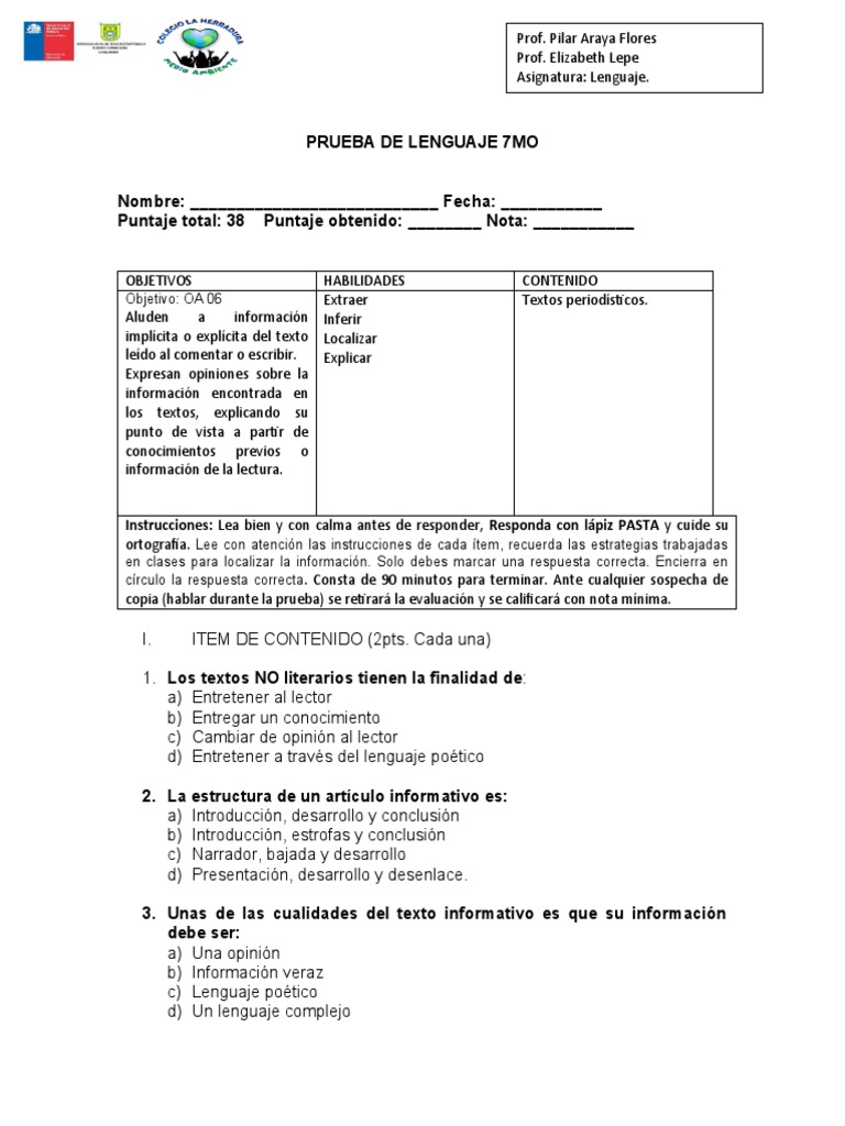 Prueba Final de Lenguaje 7mo Grado Cuba | PDF | Fidel Castro | Cuba