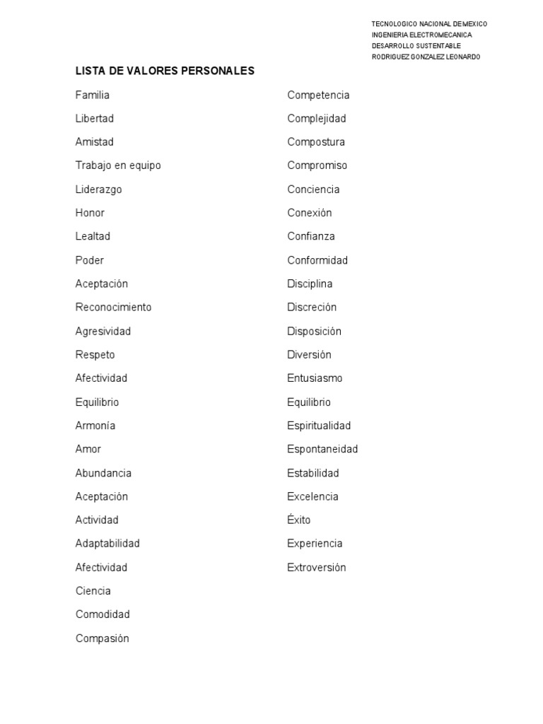 Lista de Valores | PDF | Psicología Social | Conceptos psicologicos