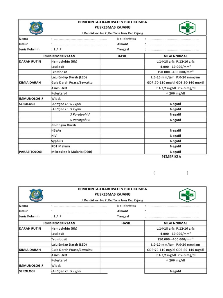 Form Hasil Pemeriksaan Lab | PDF