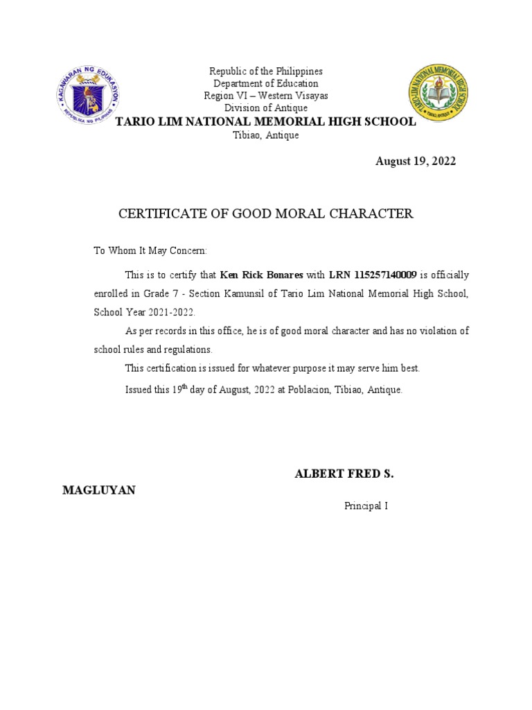 Certificate of Good Moral Character | PDF | Morality | Applied Ethics