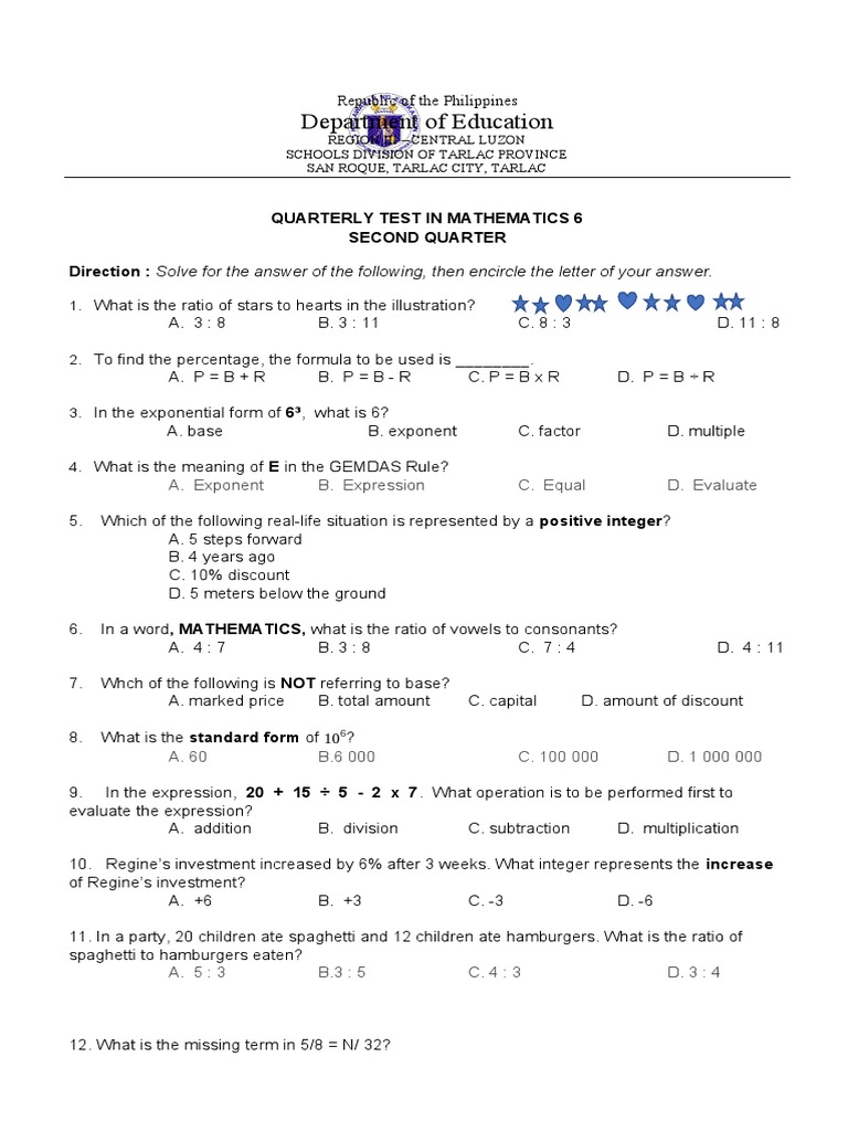 Grade 6 Quarterly Math Test Q2 | PDF | Exponentiation | Percentage