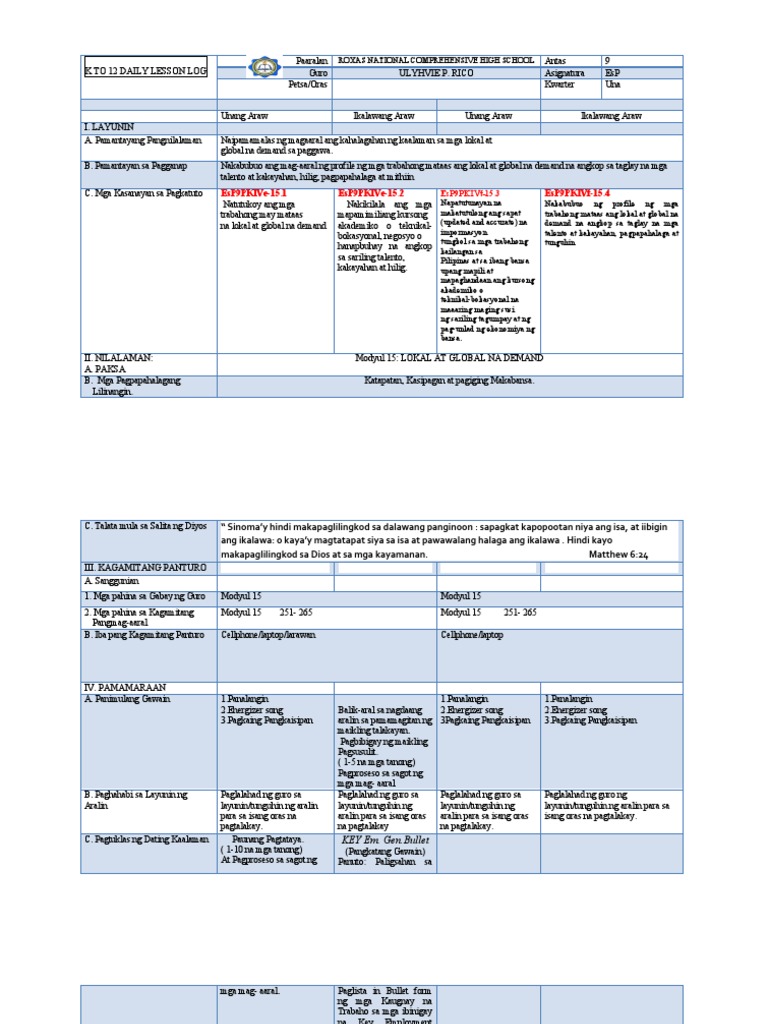 DLL Edukasyon Sa Pagpapakatao Grade9 Quarter4 Module3 (Palawan Division) | PDF