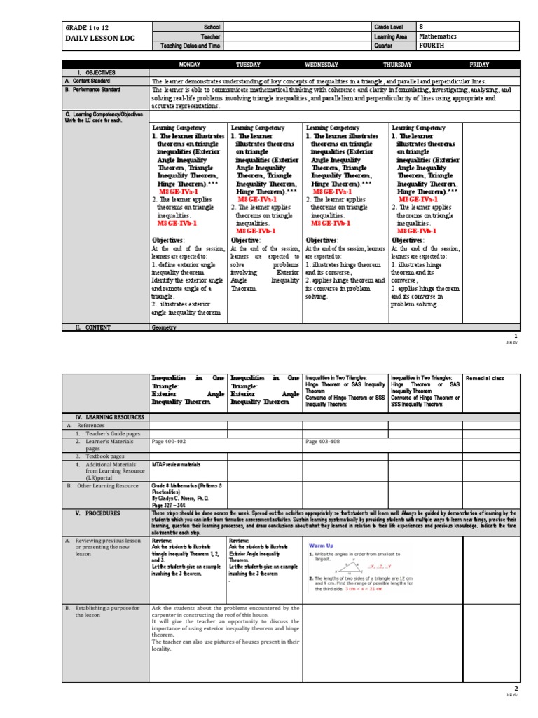 DLL Mathematics Grade8 Quarter4-IVb (Palawan Division) | PDF | Triangle ...