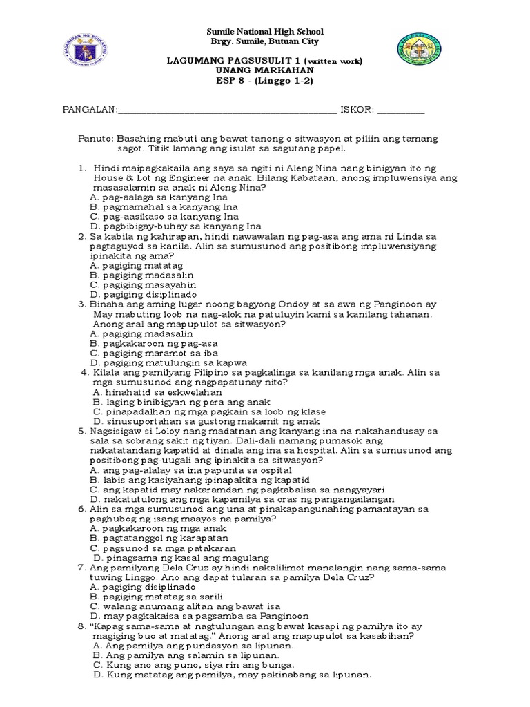 Esp 8 q1 Summative Test - Performance Task 1 | PDF
