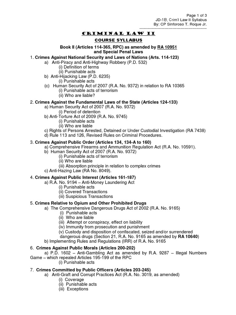 Criminal Law II Syllabus Overview | PDF | Crimes | Crime & Violence