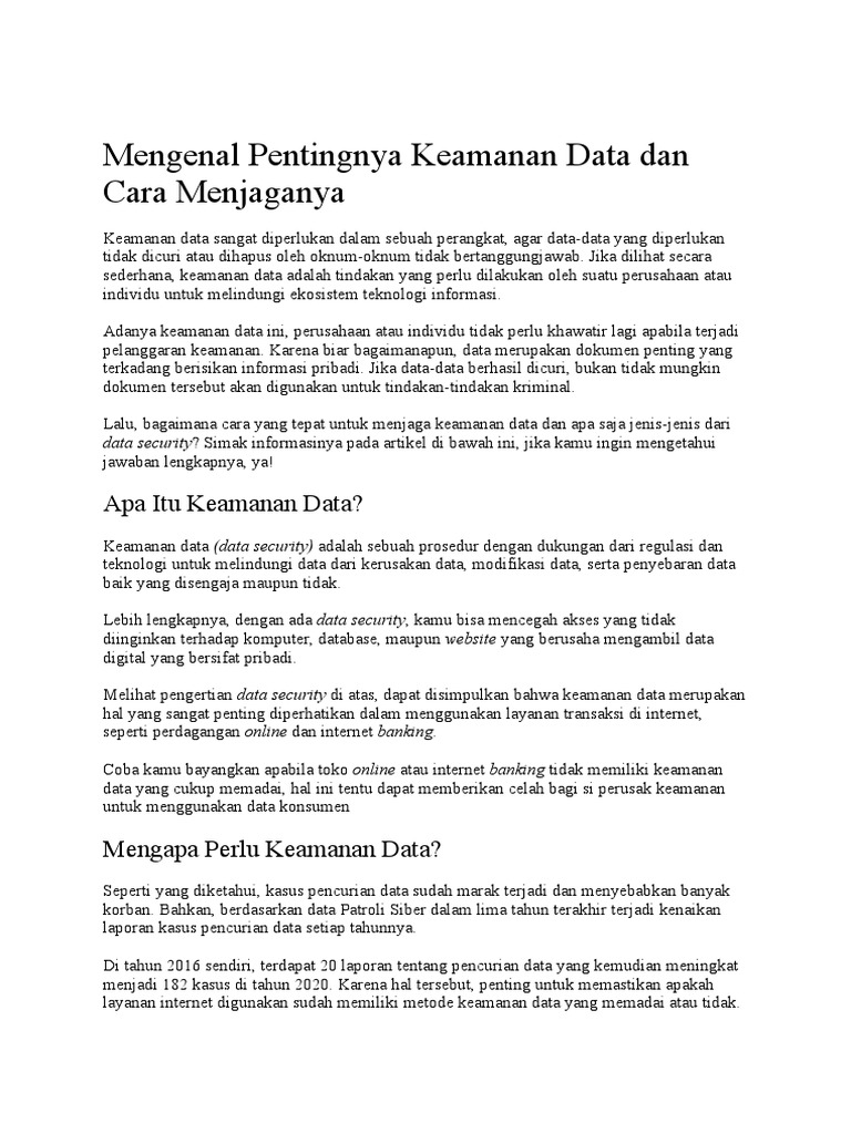 Mengenal Pentingnya Keamanan Data Dan Cara Menjaganya | PDF