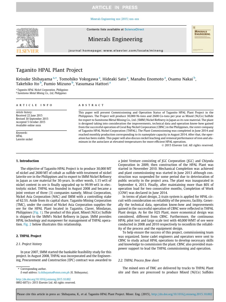 Taganito HPAL Project | PDF | Iron | Nickel