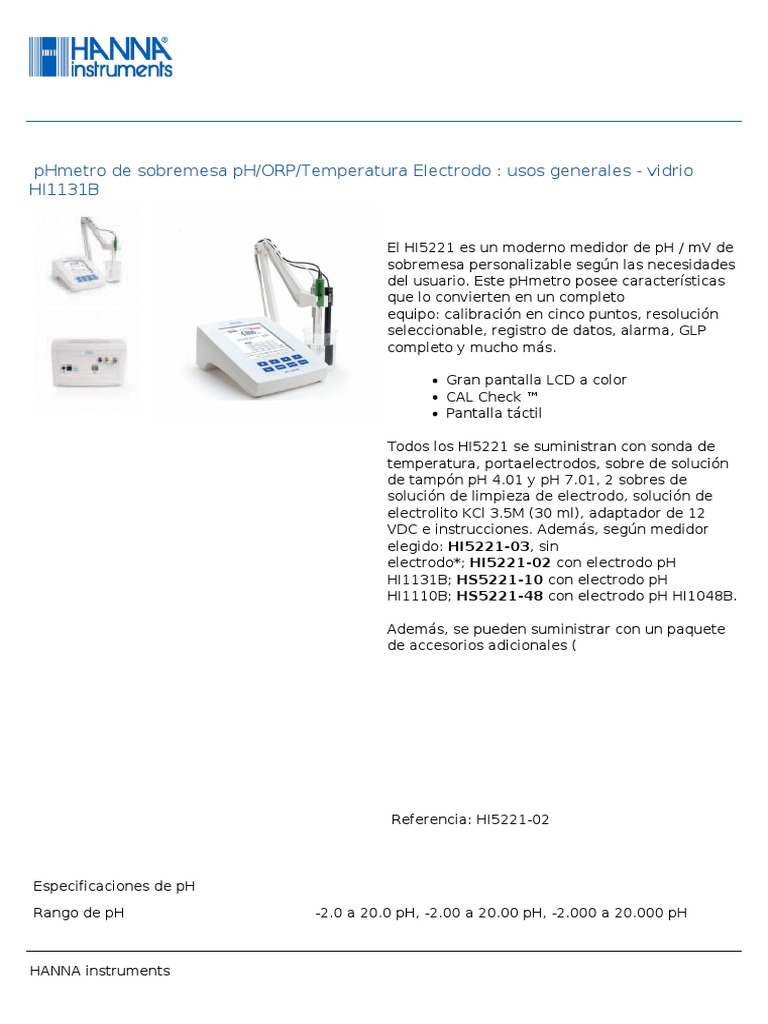 Modelo - PH - Metro de Mesa HANNA | PDF | Ingenieria Eléctrica | Física ...