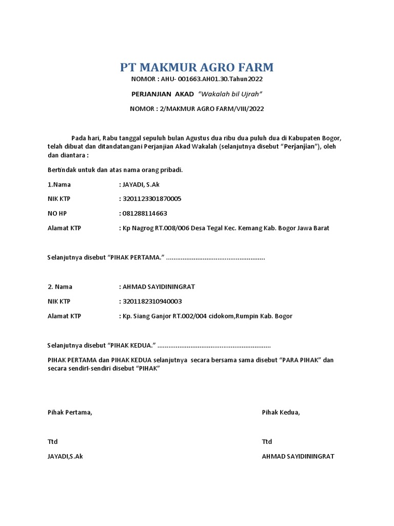 Perjanjian Akad Wakalah Bil Ujrah | PDF | Pengelolaan Keuangan & Uang ...