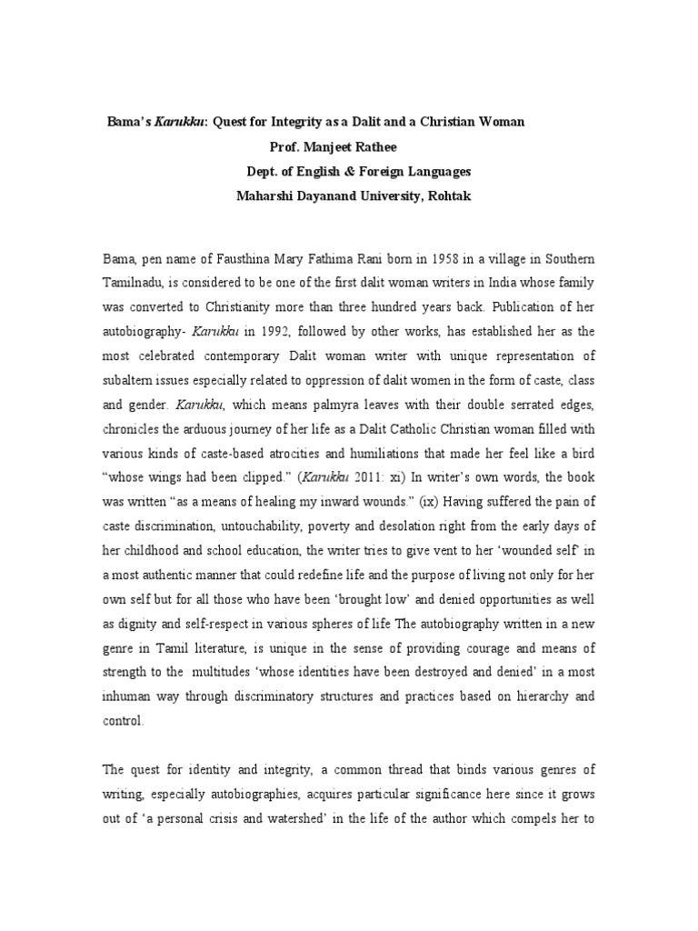 Bama's Karukku Quest For Integrity As A Dalit and A Christian Woman ...