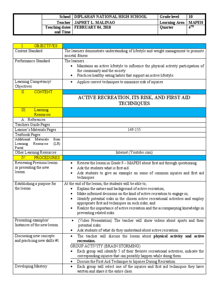 Active Recreation Risks and First Aid | PDF | Learning | Teaching Method