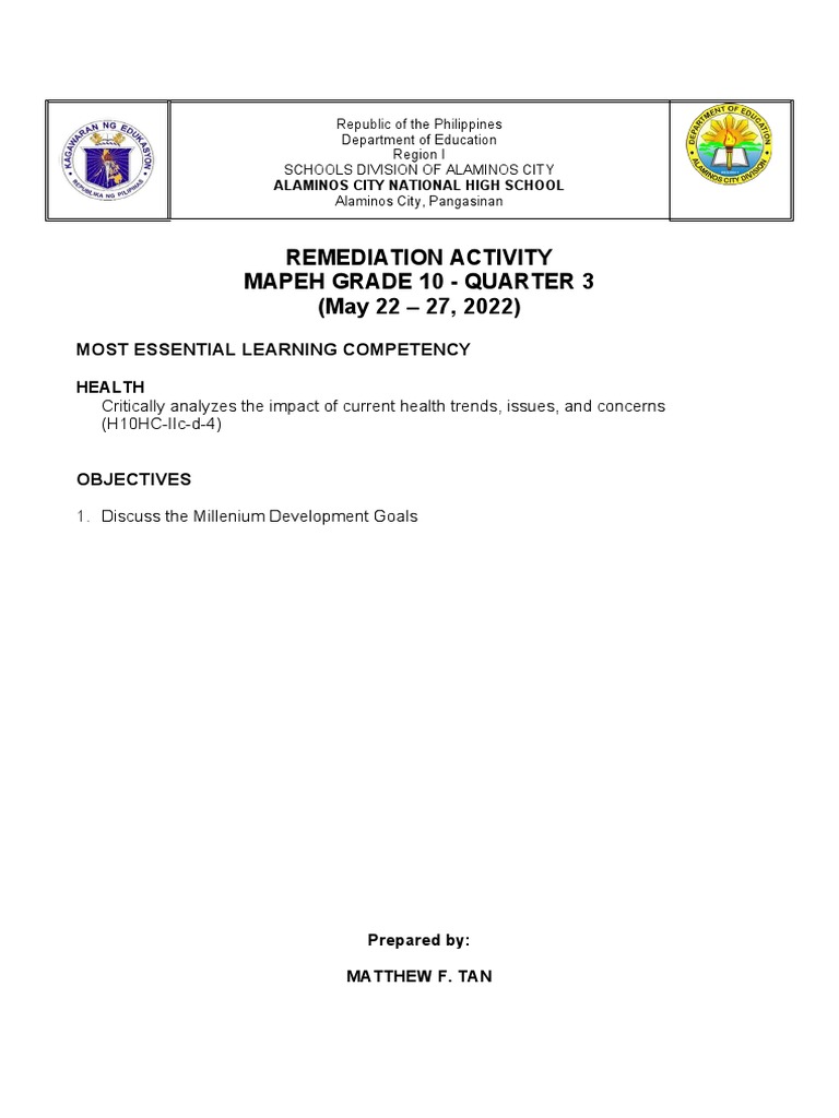 Remediation Activity Mapeh Grade 10 - Quarter 3 (May 22 - 27, 2022 ...