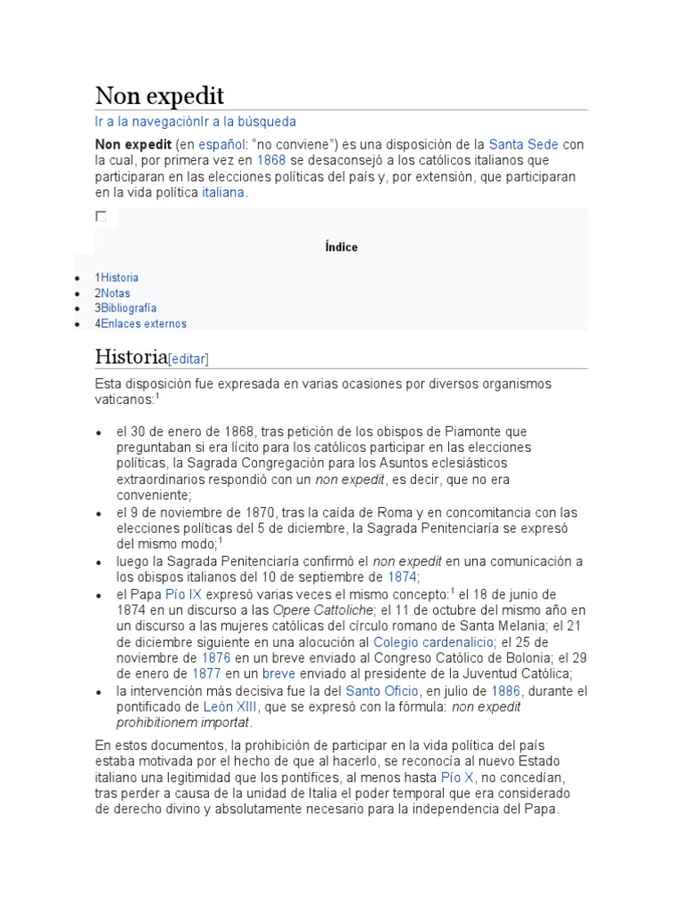 Non Expedit: Historia | PDF | Iglesia Católica | Santa Sede