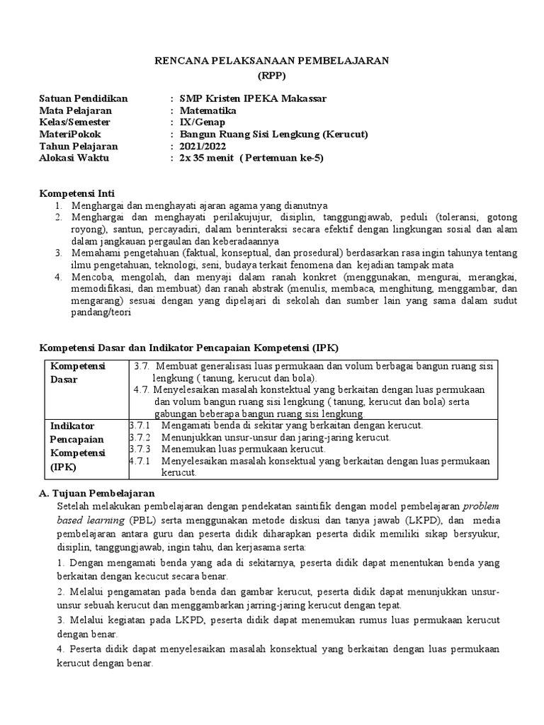 RPP-BRSL - Luas Permukaan Kerucut | PDF