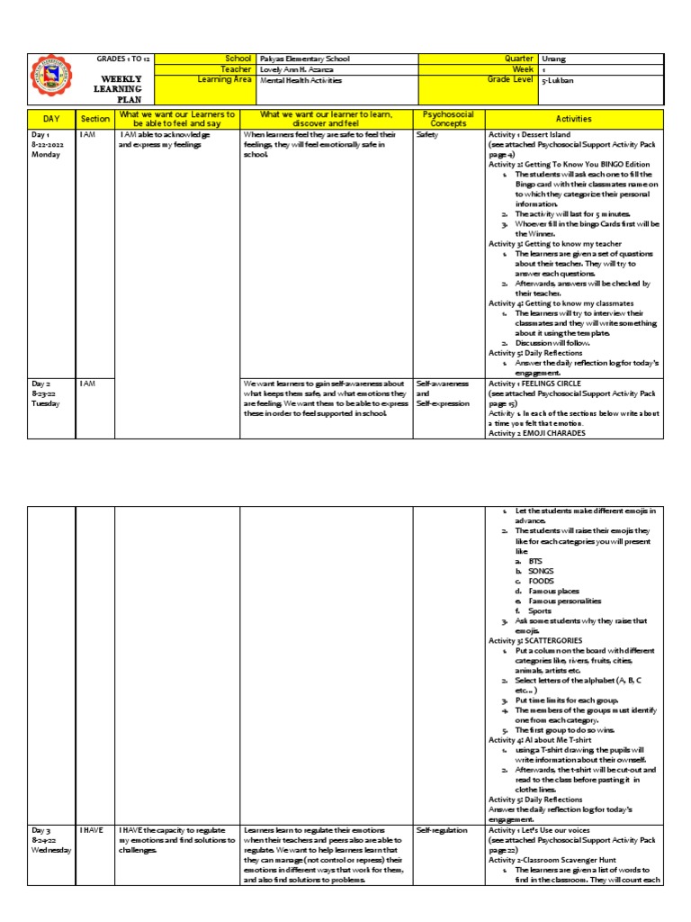 Grade 5 Mental Health Activities Plan | PDF | Self Esteem | Cognitive ...