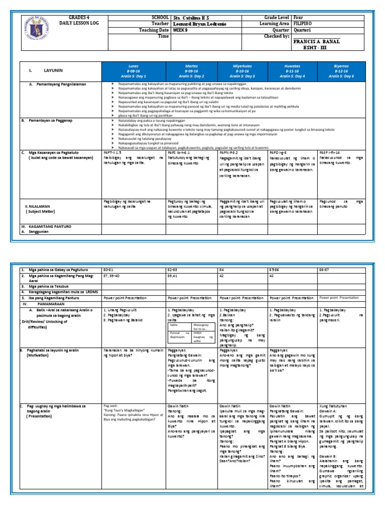Grade 4 DLL FILIPINO 4 Q1 Week 9 | PDF