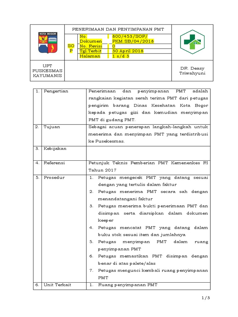 Sop Penerimaan Dan Penyimpanan PMT | PDF