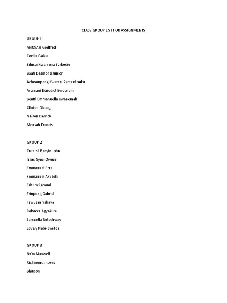 Class Group Assignments List | PDF | Sports & Recreation