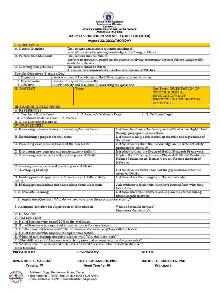 Daily Lesson Log in Science 7 | PDF | Learning | Knowledge