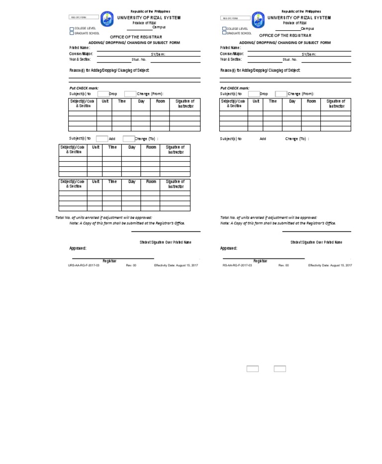 University of Rizal System Adding/Dropping Subject Form | PDF