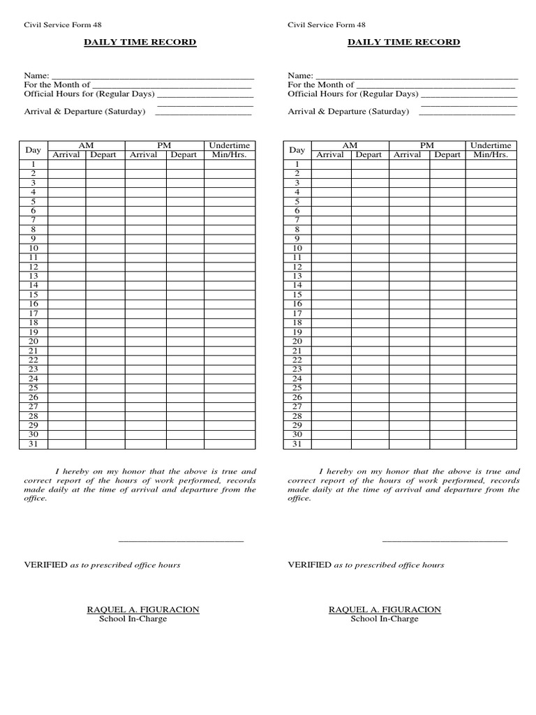 Civil Service Form 48 Daily Time Record | PDF