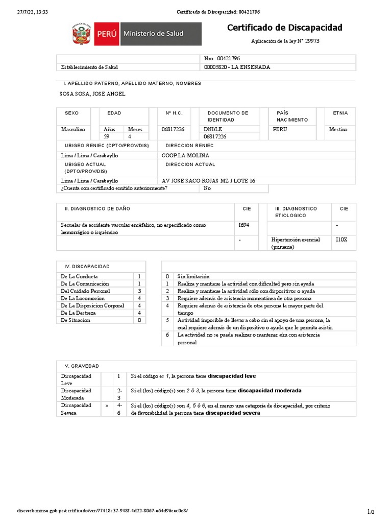 Certificado de Discapacidad - SOSA | PDF | Ciencias de la Salud | Enfermedades y trastornos humanos