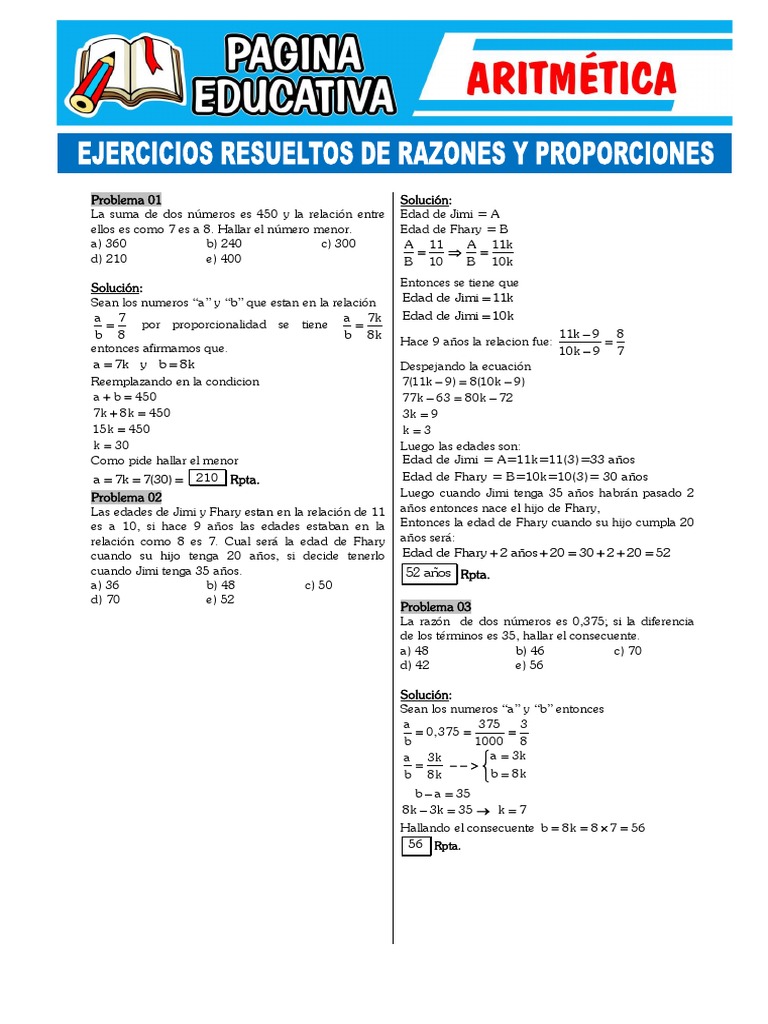 Ejercicios Resueltos de Razones y Proporciones Pagina Educativa | PDF