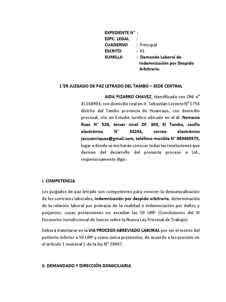 Demanda de Indemnizacion Por Despido Arbitrario Injustificado | PDF ... Demanda de Indemnizacion Por Despido Arbitrario Injustificado | PDF ...