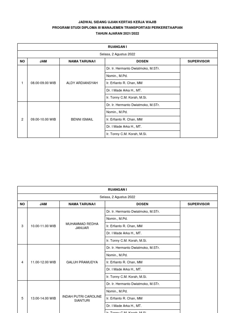 Jadwal Sidang Dan Ruangan Sidang Tk.3 MTP | PDF