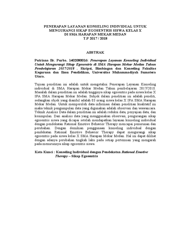 PTK BK Sma - Penerapan Layanan Konseling Individual Untuk Mengurangi Sikap Egosentris Siswa ...