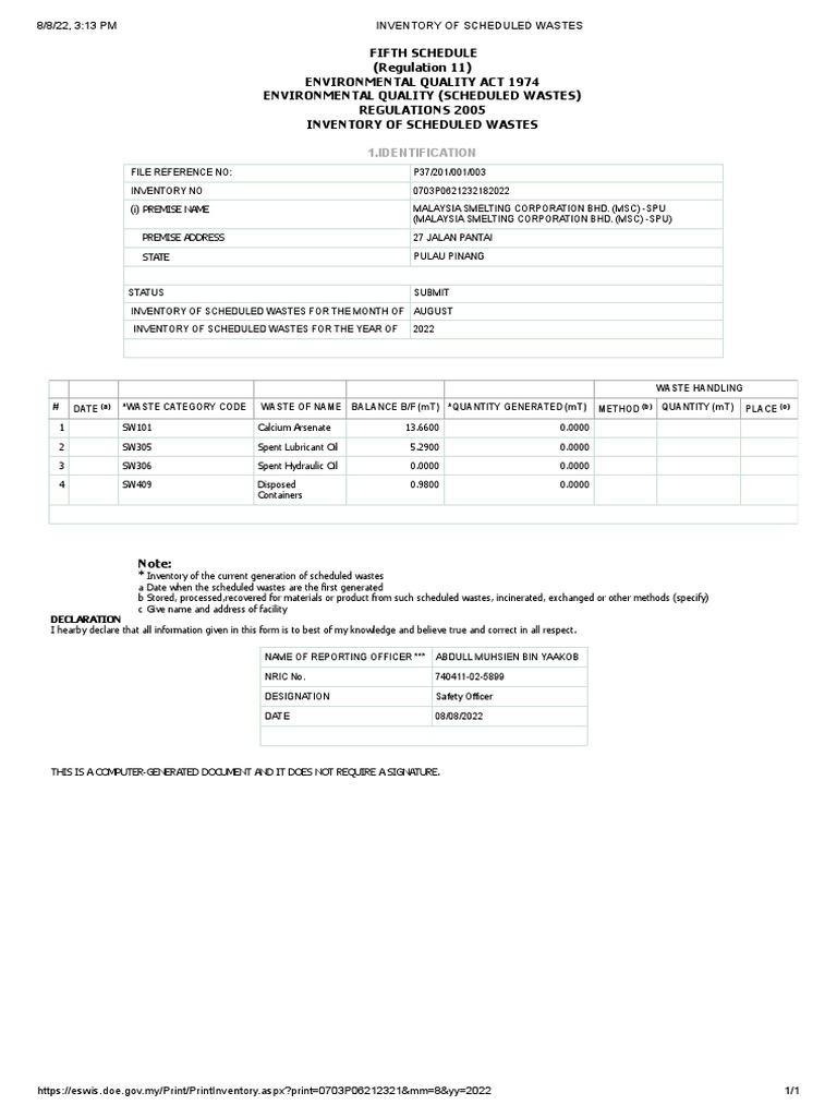 Inventory of Scheduled Wastes 1 | PDF | Waste | Inventory